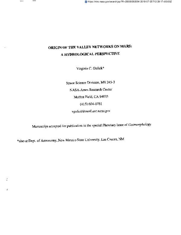(PDF) Origin of the valley networks on Mars: a hydrological perspective