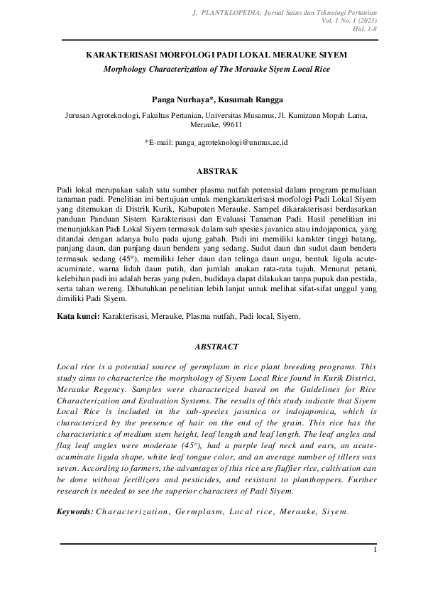 (PDF) Karakterisasi Morfologi Padi Lokal Merauke Siyem