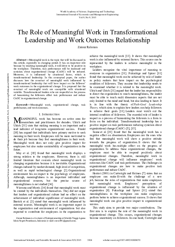 (PDF) The Role Of Meaningful Work In Transformational Leadership And ...