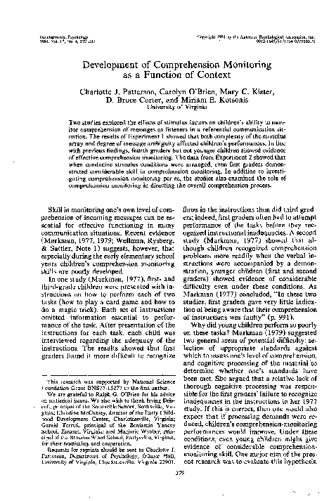 (PDF) Development of comprehension monitoring as a function of context