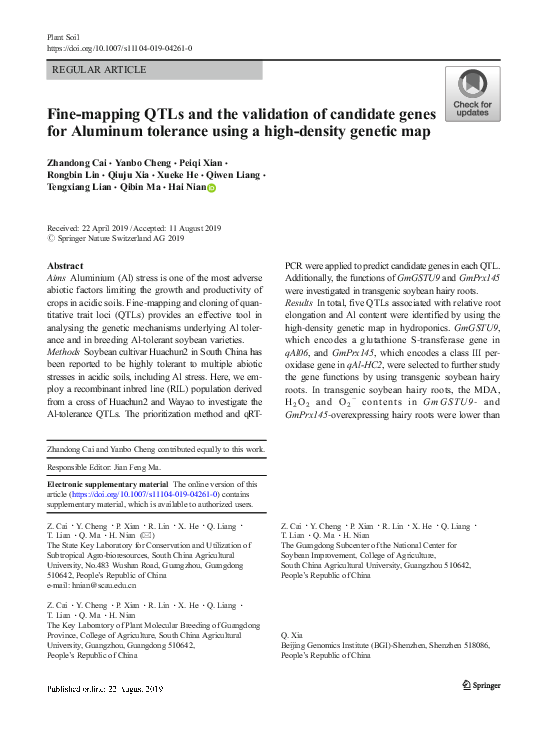 (PDF) Fine-mapping QTLs and the validation of candidate genes for Aluminum tolerance using a ...