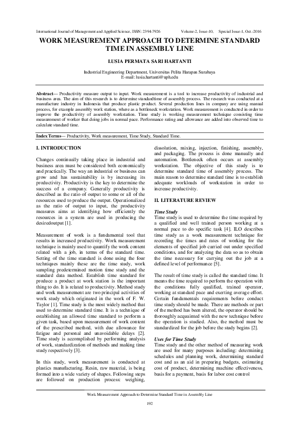 (PDF) Work Measurement Approach to Determine Standard Time in Assembly Line