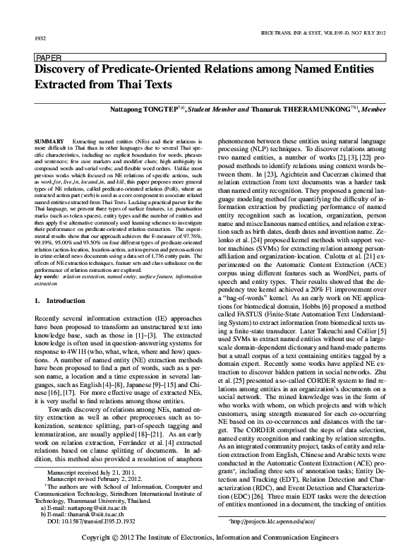 Pdf Predicate Oriented Relations In Thai Named Entity Extraction