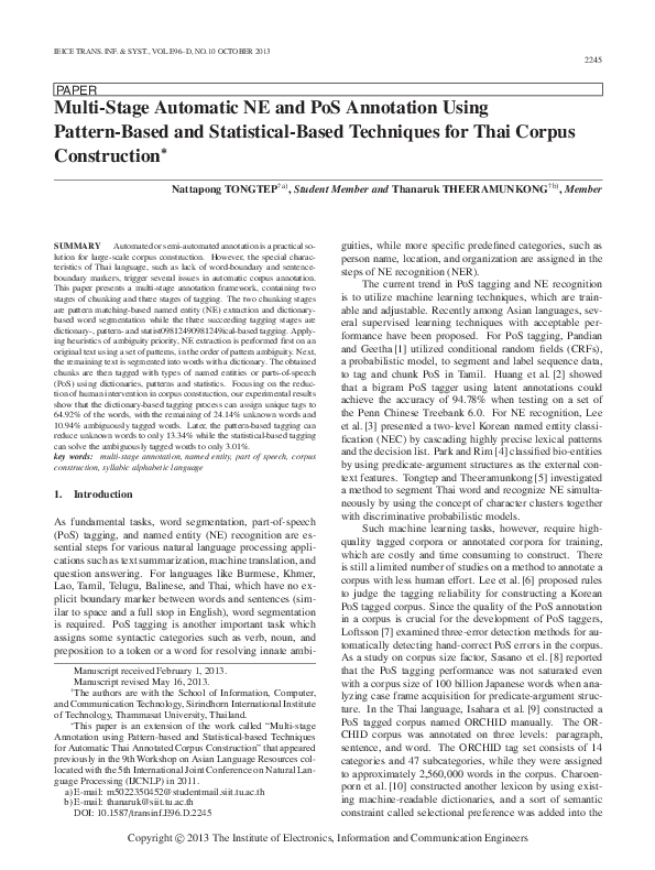 Pdf Multi Stage Automatic Ne And Pos Annotation Using Pattern Based And Statistical Based