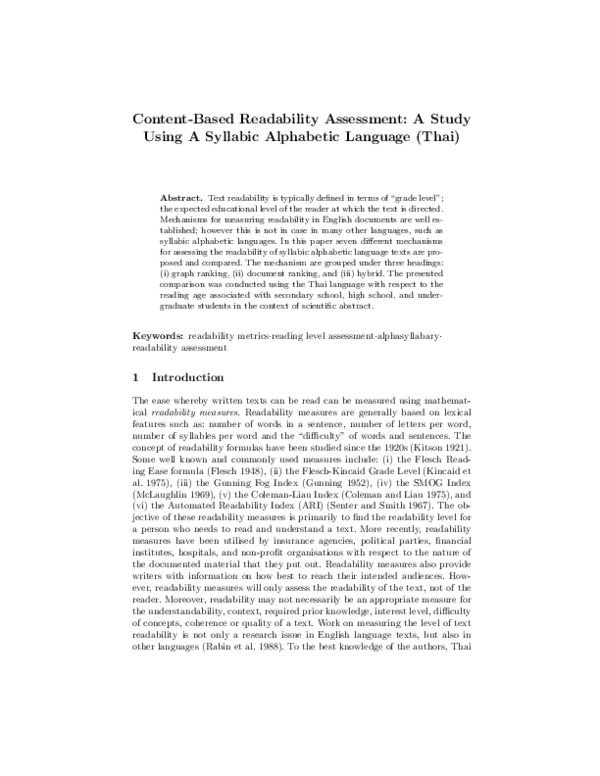 (PDF) Content-Based Readability Assessment: A Study Using A Syllabic Alphabetic Language (Thai)