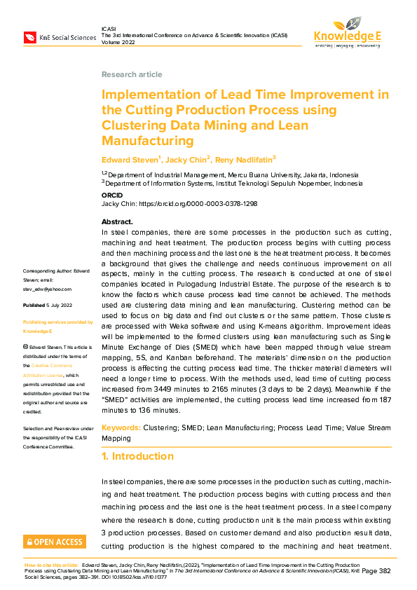 (PDF) Implementation of Lead Time Improvement in the Cutting Production Process using Clustering ...