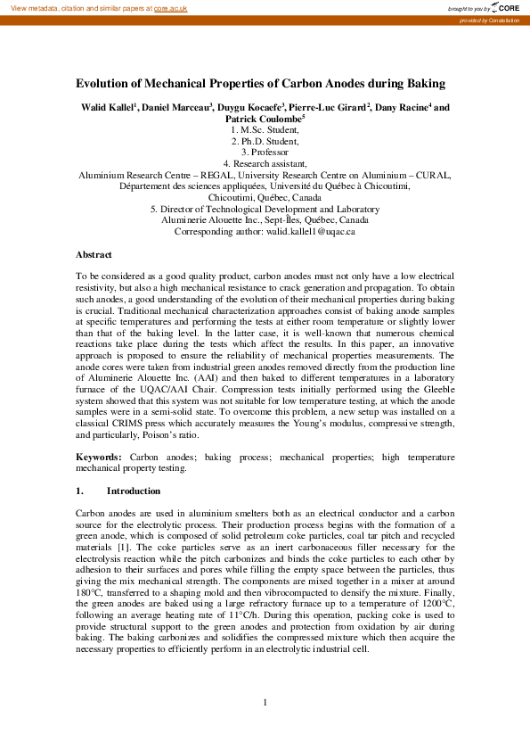 (PDF) Evolution of Mechanical Properties of Carbon Anodes during Baking