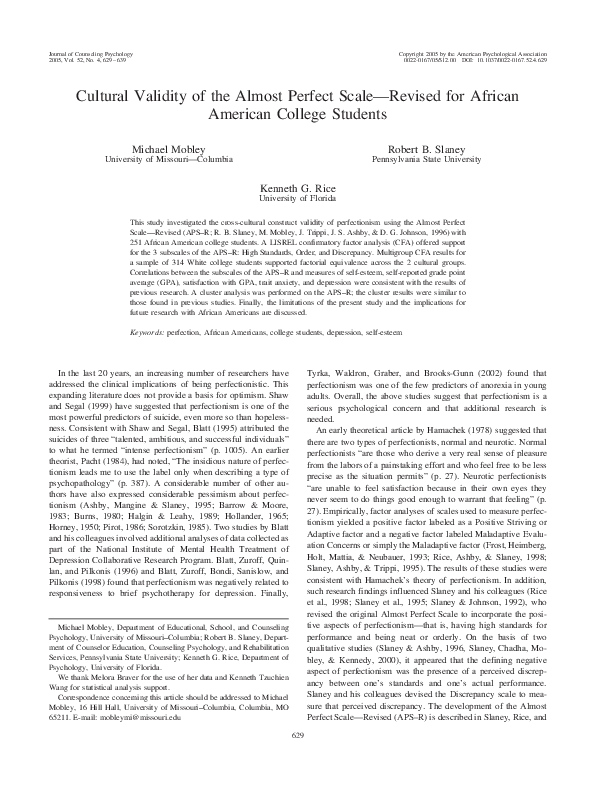 (PDF) Cultural validity of the Almost Perfect Scale--Revised for ...