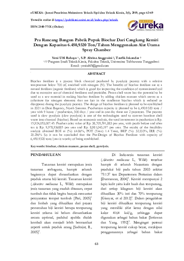 (PDF) Pra Rancang Bangun Pabrik Pupuk Biochar Dari Cangkang Kemiri ...