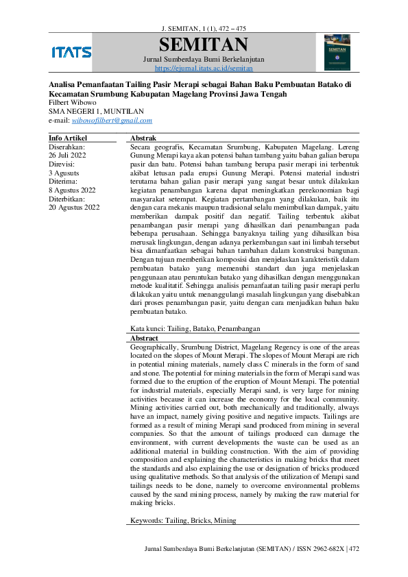 (PDF) Analisa Pemanfaatan Tailing Pasir Merapi sebagai Bahan Baku Pembuatan Batako di Kecamatan ...