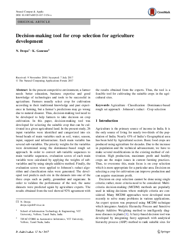(PDF) Decision-making tool for crop selection for agriculture development