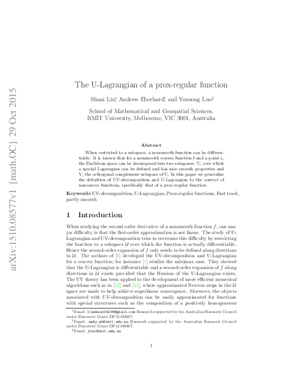 (PDF) The U-Lagrangian of a prox-regular function