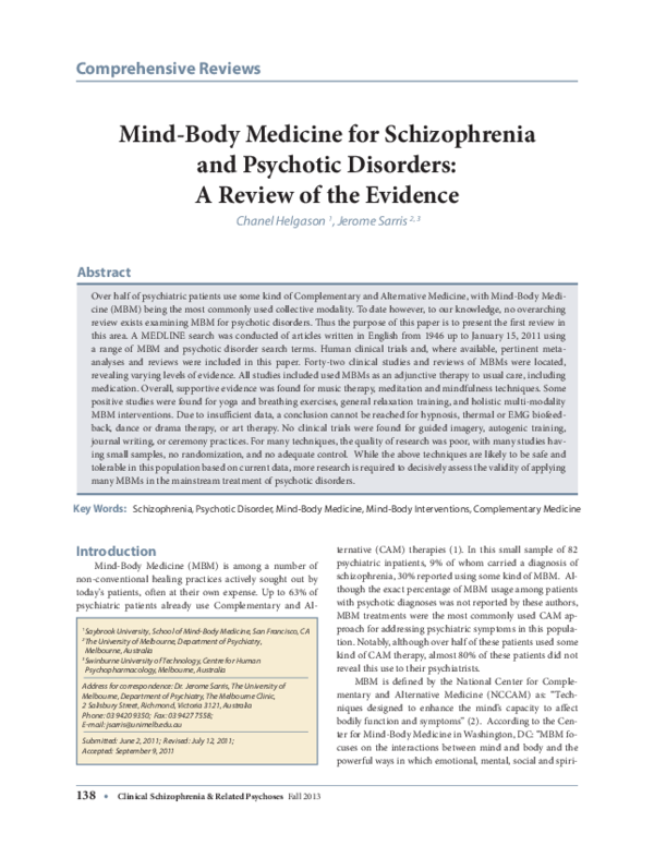 (PDF) Mind-Body Medicine for Schizophrenia and Psychotic Disorders