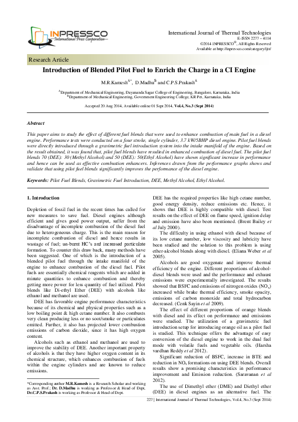 (PDF) Introduction of Blended Pilot Fuel to Enrich the Charge in a CI Engine