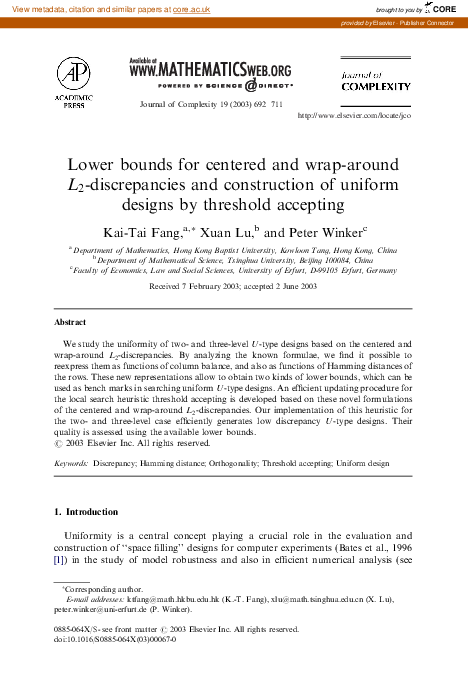(PDF) Lower bounds for centered and wrap-around L2-discrepancies and construction of uniform ...