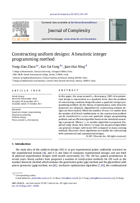(PDF) Heuristic Integer Programming for Uniform Designs