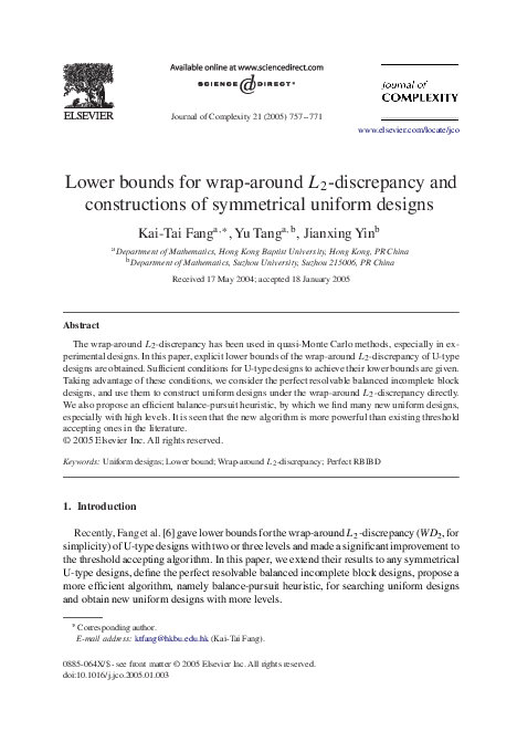 (PDF) Lower bounds for wrap-around L2-discrepancy and constructions of ...