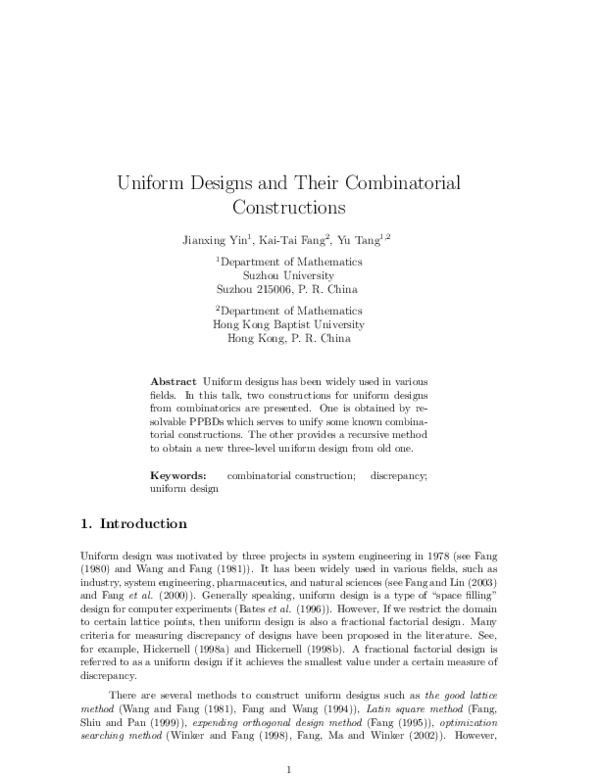 (PDF) Combinatorial Constructions of Uniform Designs