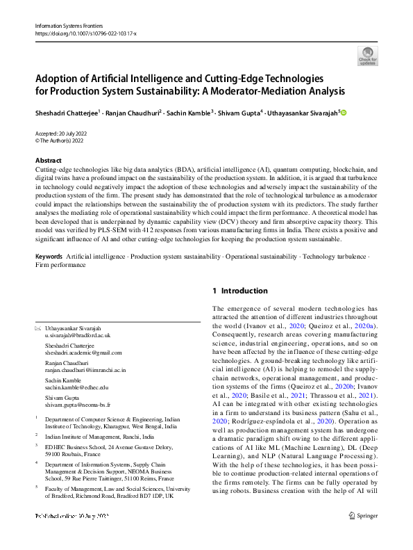 (PDF) Adoption of Artificial Intelligence and Cutting-Edge Technologies for Production System ...