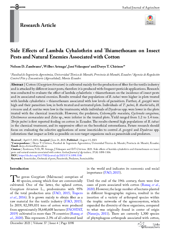 (PDF) Side Effects of Lambda Cyhalothrin and Thiamethoxam on Insect ...
