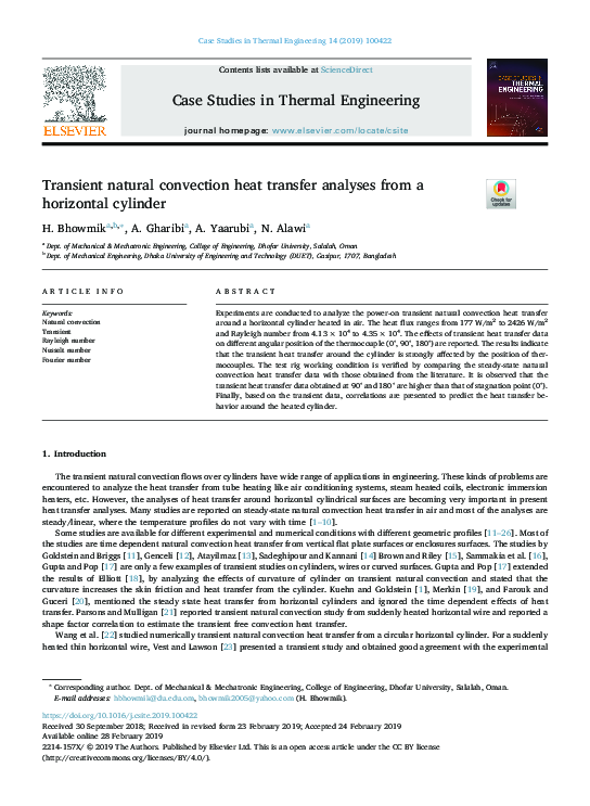 Pdf Transient Natural Convection Heat Transfer Analyses From A