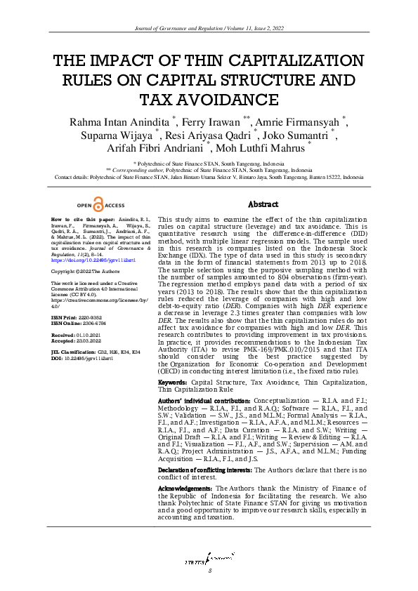 (PDF) The impact of thin capitalization rules on capital structure and tax avoidance
