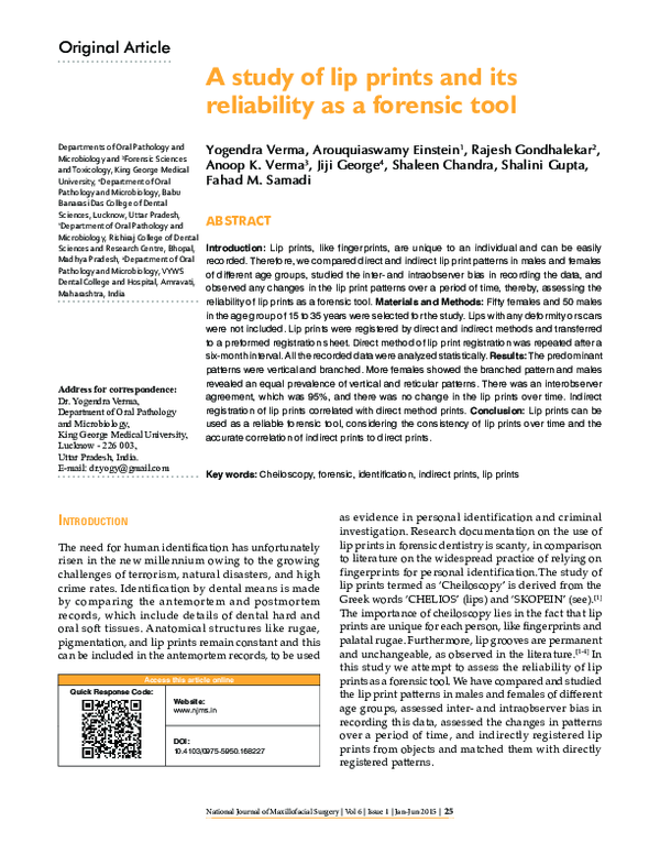 (PDF) A study of lip prints and its reliability as a forensic tool