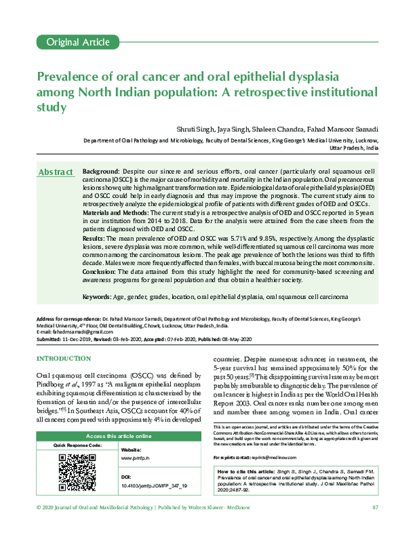 (PDF) Prevalence of oral cancer and oral epithelial dysplasia among ...