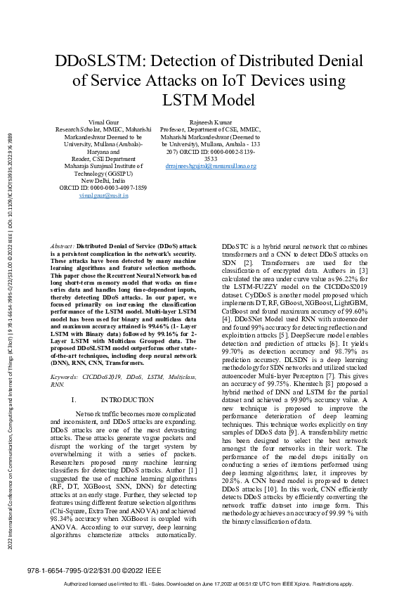 (PDF) DDoSLSTM: Detection of Distributed Denial of Service Attacks on IoT Devices using LSTM Model