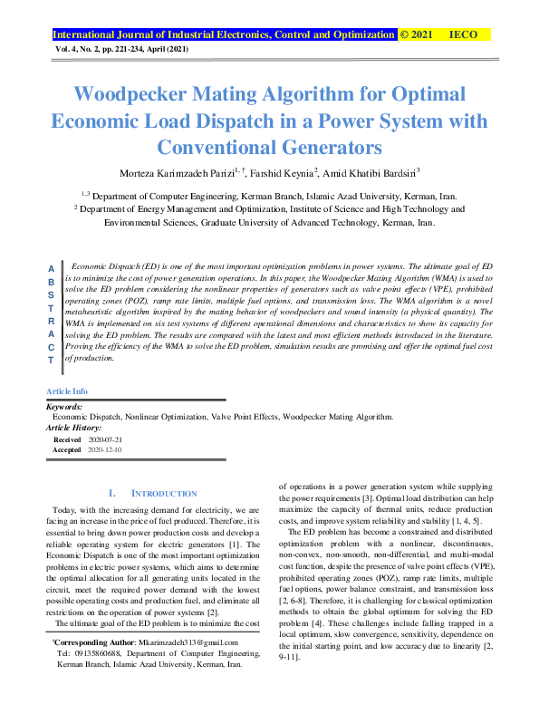 Pdf Woodpecker Mating Algorithm For Optimal Economic Load Dispatch In
