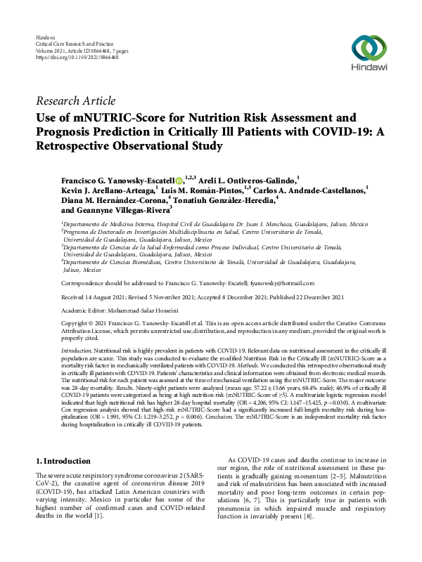 (PDF) Use of mNUTRIC-Score for Nutrition Risk Assessment and Prognosis ...