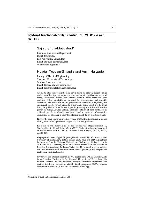 Pdf Robust Fractional Order Control Of Pmsg Based Wecs Heydar Shandiz