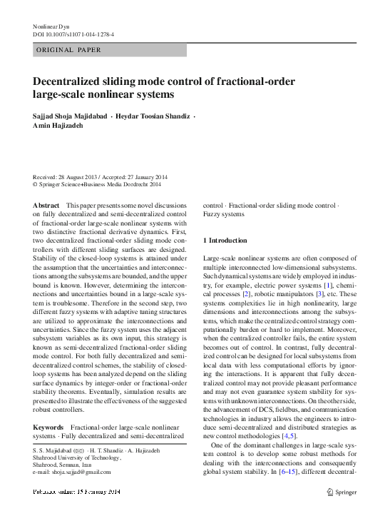 (PDF) Decentralized sliding mode control of fractional-order large-scale nonlinear systems