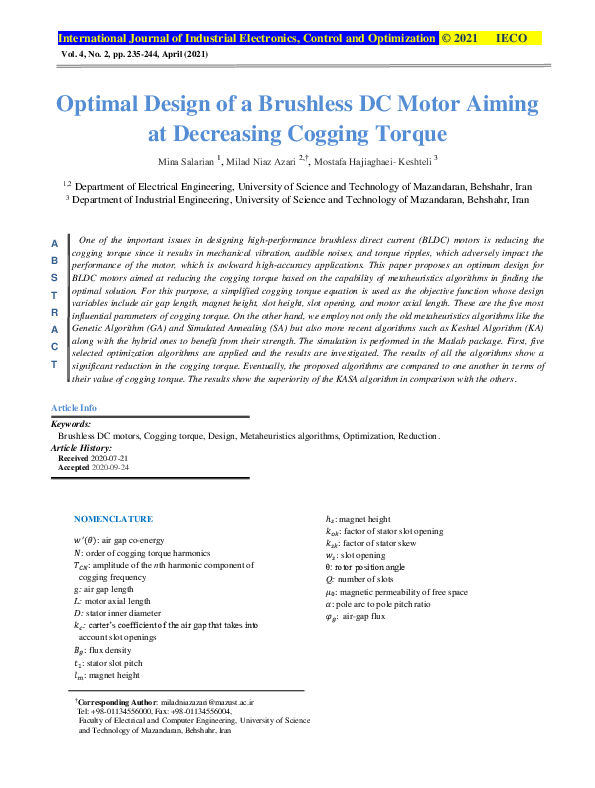 (PDF) Optimal Design of a Brushless DC Motor Aiming at Decreasing Cogging Torque
