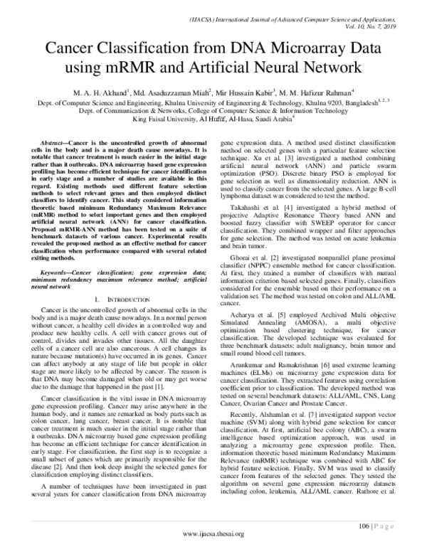 Pdf Cancer Classification From Dna Microarray Data Using Mrmr And