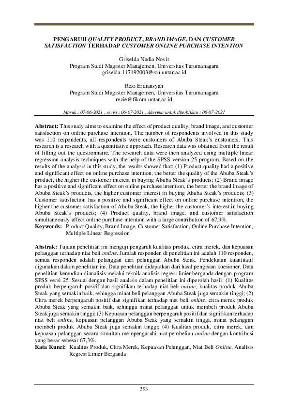 (PDF) Pengaruh Quality Product, Brand Image, dan Customer Satisfaction terhadap Customer Online ...