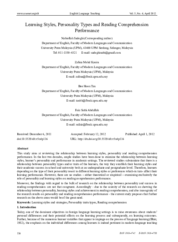 Learning Styles, Personality Types and Reading Comprehension Performance