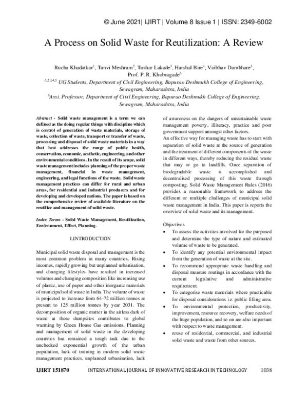 (PDF) A Process on Solid Waste for Reutilization - A Review