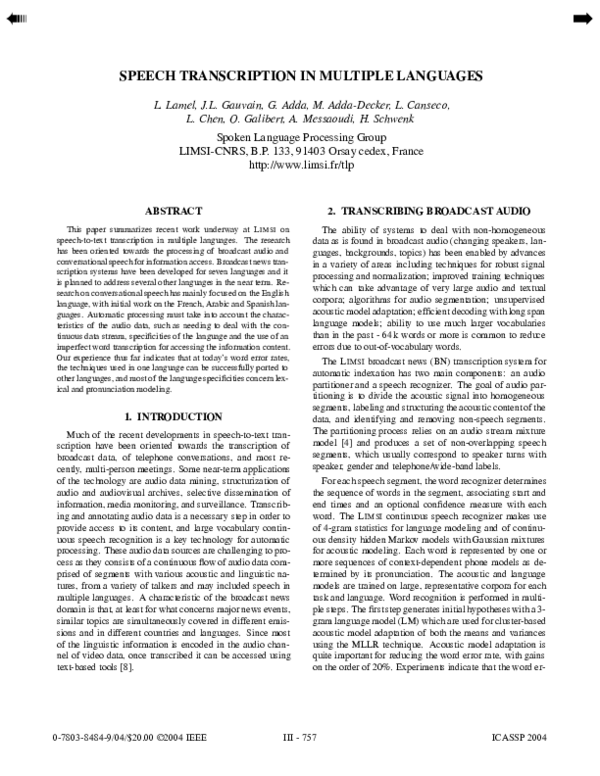 (PDF) Speech transcription in multiple languages
