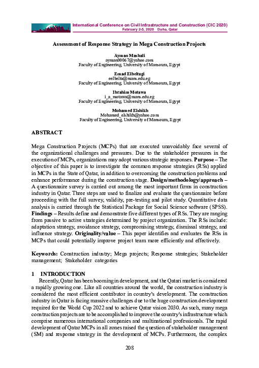 (PDF) Assessment of Response Strategy in Mega Construction Projects
