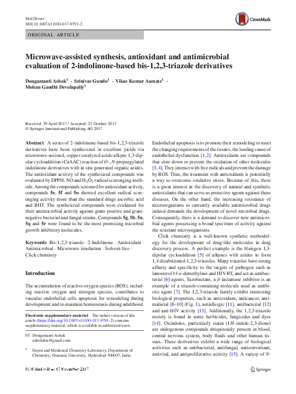(PDF) Microwave-assisted synthesis, antioxidant and antimicrobial evaluation of 2-indolinone ...