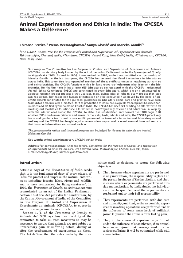 (PDF) Animal Experimentation and Ethics in India: The CPCSEA Makes a Difference