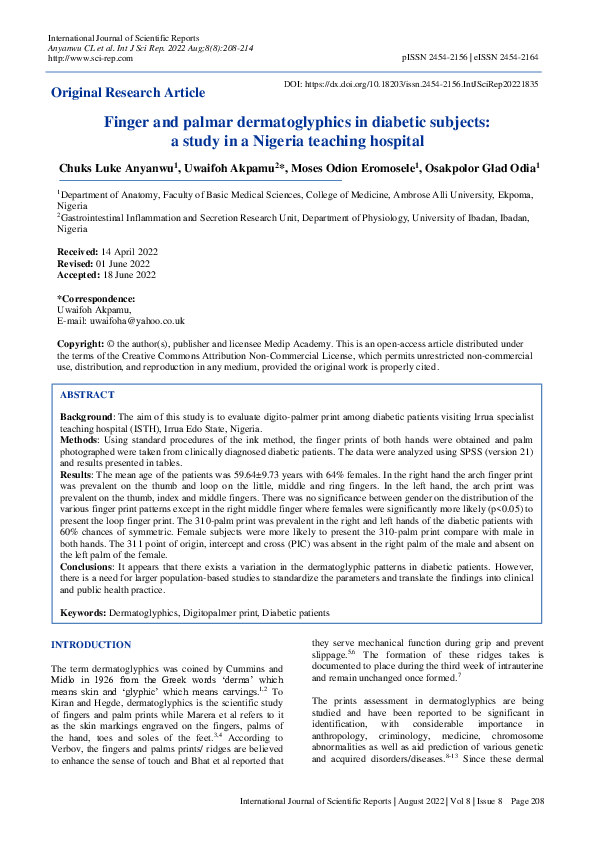(PDF) Finger and palmar dermatoglyphics in diabetic subjects: a study ...