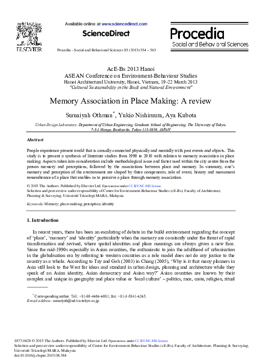 (PDF) Memory Association in Place Making: A review
