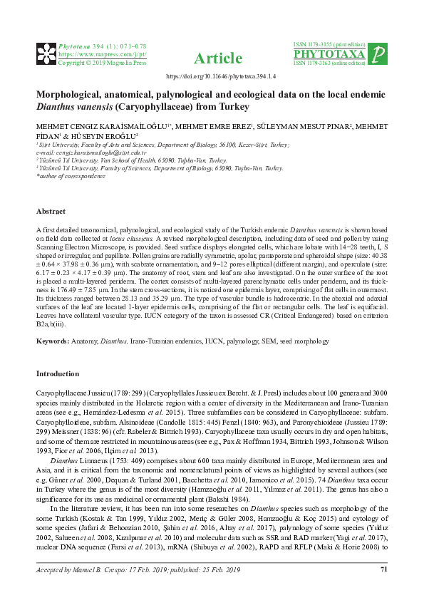 (PDF) Morphological, anatomical, palynological and ecological data on the local endemic Dianthus ...