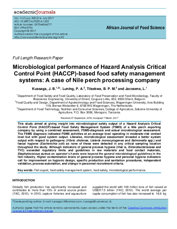 (PDF) Microbiological performance of Hazard Analysis Critical Control ...