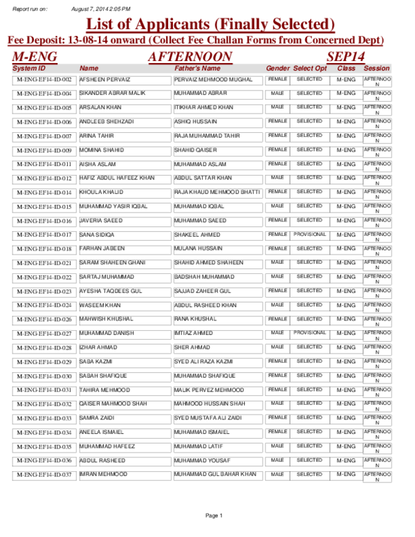 (PDF) List of Applicants (Finally Selected) System ID