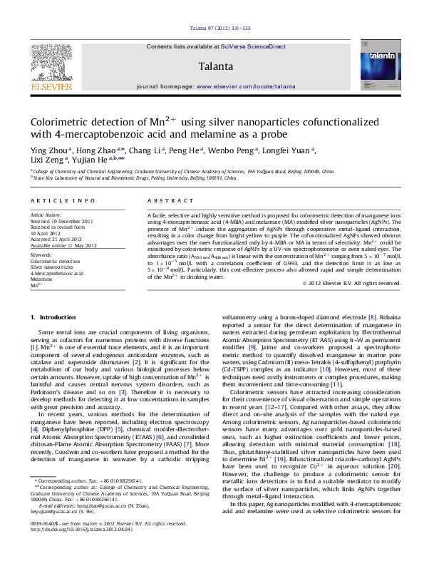 Pdf Colorimetric Detection Of Mn2 Using Silver Nanoparticles