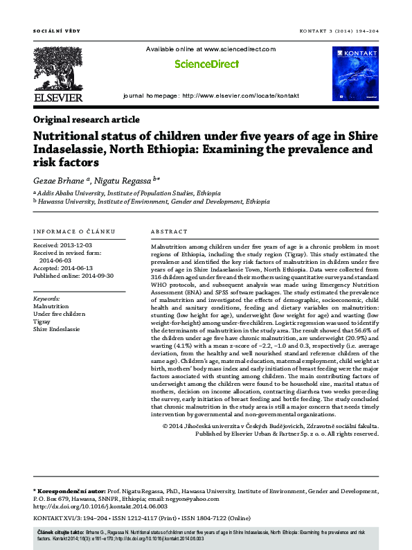 (PDF) Nutritional status of children under five years of age in Shire ...