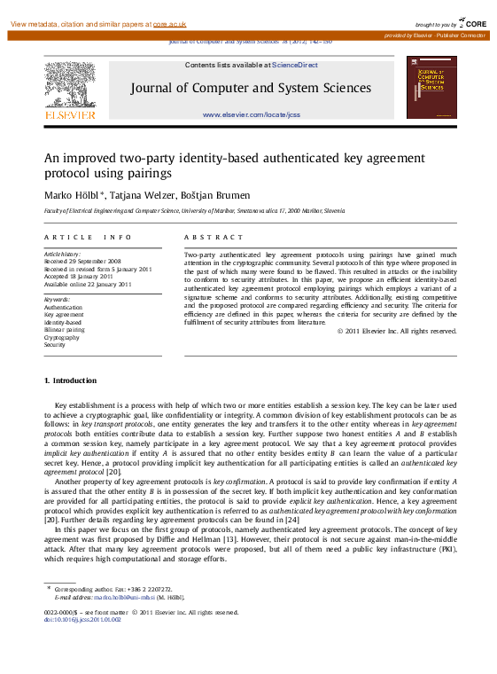 Pdf An Improved Two Party Identity Based Authenticated Key Agreement